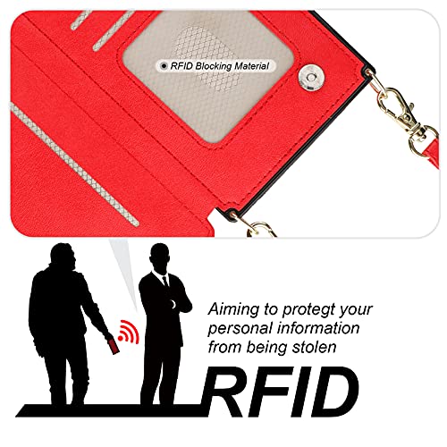 Bocasal Crossbody Wallet Case for iPhone 13 Pro Max with RFID Blocking Card Slot Holder, Magnetic Flip Folio Purse Case, PU Leather Zipper Handbag with Detachable Lanyard Strap 6.7 Inch 5G (Red)