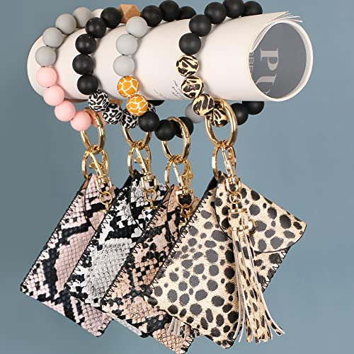 UpUDo Keychain Bracelet Wristlet, Silicone Beaded Key Ring Bracelet with Card Wallet, Elastic Keyring Bangle for Womens