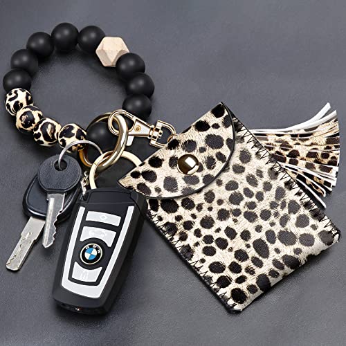 UpUDo Keychain Bracelet Wristlet, Silicone Beaded Key Ring Bracelet with Card Wallet, Elastic Keyring Bangle for Womens