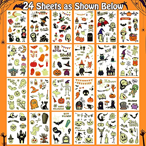 Partywind 250 Styles Glow Halloween Party Supplies, Luminous Halloween Temporary Tattoos for Kids Birthday Party Decorations Favors, Halloween Gifts Goodie Bag Fillers (24 Sheets)