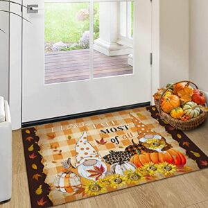 thanksgiving welcome doormat non-slip entrance rugs, fall gnome pumpkin sunflower indoor bath mat floor door mats for entry way,kitchen,bedroom home decor autumn maple leaf orange check