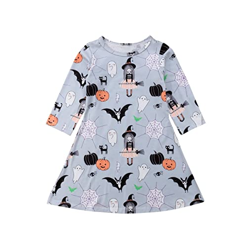 1-6T Toddler Kids Baby Girls Halloween Outfits Ghost Pumpkin Print Long Sleeve Dress Winter Clothes (Blue, 5-6 T)