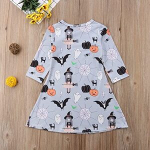 1-6T Toddler Kids Baby Girls Halloween Outfits Ghost Pumpkin Print Long Sleeve Dress Winter Clothes (Blue, 5-6 T)