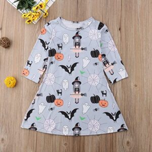 1-6T Toddler Kids Baby Girls Halloween Outfits Ghost Pumpkin Print Long Sleeve Dress Winter Clothes (Blue, 5-6 T)