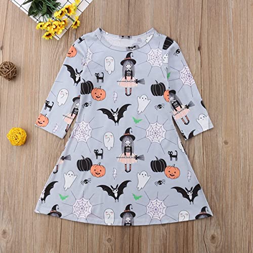 1-6T Toddler Kids Baby Girls Halloween Outfits Ghost Pumpkin Print Long Sleeve Dress Winter Clothes (Blue, 5-6 T)