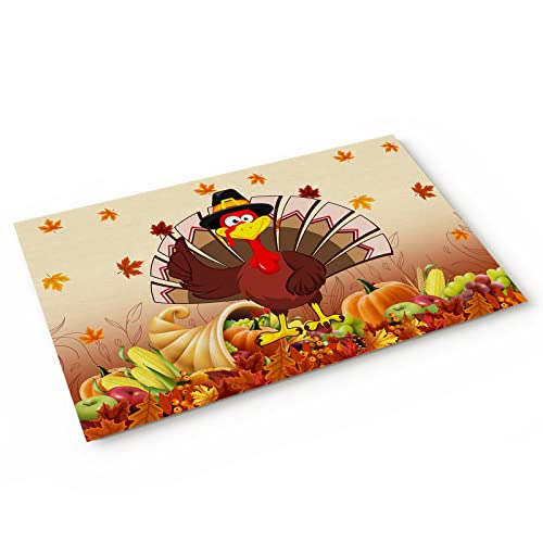 Thanksgiving Turkey Doormats Rugs- Fall Leaf Autumn Harvest Pumpkin Non-Slip Entrance Door Mats Carpet Indoor for Home/Bathroom/Kitchen/Bedroom,Large 18x30inch, Yellow