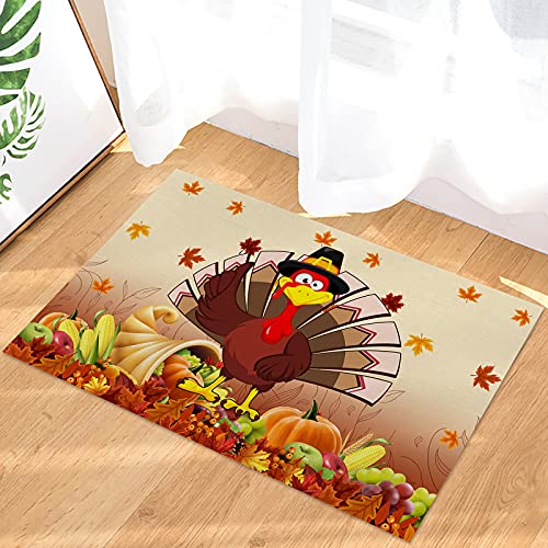 Thanksgiving Turkey Doormats Rugs- Fall Leaf Autumn Harvest Pumpkin Non-Slip Entrance Door Mats Carpet Indoor for Home/Bathroom/Kitchen/Bedroom,Large 18x30inch, Yellow