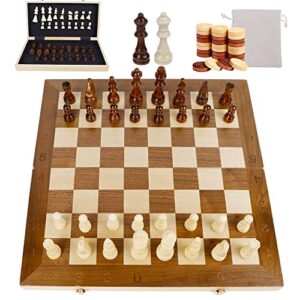 juegoal 17" wooden chess & checkers set, 2 in 1 board games for kids and adults, with felted game board interior for storage, travel portable folding chess game sets, 2 extra queen, 24 checkers pieces