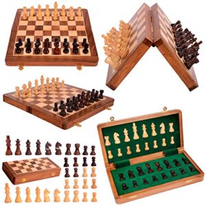 md continental magnetic wooden chess set folding board with storage, tournament staunton thick acacia wood board, portable travel chess, indoor games kids & adults, brown and beige, 10x10 inches