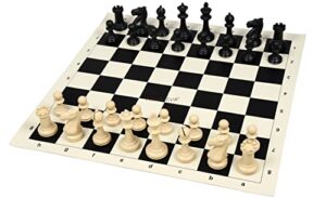 chessbazaar study library tournament plastic chess pieces & roll up chess board combo |32 pieces with 15 inches rollup chessboard | weight-340 grams | black & off-white |plastic chess set | board game