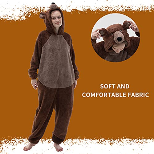 COSUSKET Fitted Unisex Adult Bear Onesie Pajamas, Halloween Sherpa Women's Cosplay Animal One Piece Costume (Brown, XLarge)