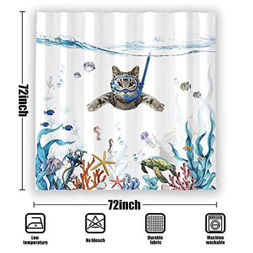 Fowocu Funny Cat Shower Curtain Set Teal Blue Sea Ocean Waterproof Fabric Shower Curtains with Animal Octopus Starfish Turtle Anchor Fish Nautical Bathroom Curtain Decor (Blue, 72''×72'')