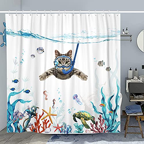 Fowocu Funny Cat Shower Curtain Set Teal Blue Sea Ocean Waterproof Fabric Shower Curtains with Animal Octopus Starfish Turtle Anchor Fish Nautical Bathroom Curtain Decor (Blue, 72''×72'')