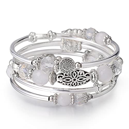 FULU AUTUMN Stackable Beaded Bracelets for Women Boho Wrap Silver Bracelet Layered Fashion Jewelry Gifts for Her(White)