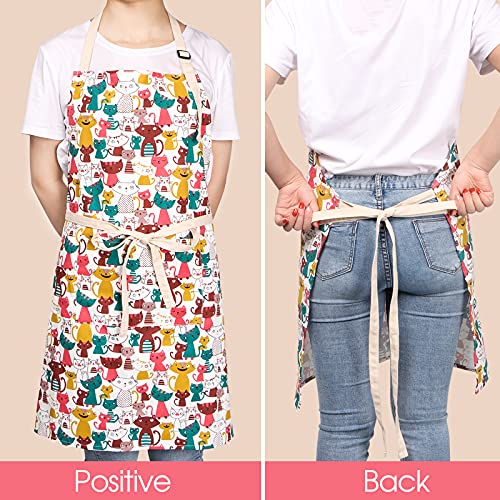 CRJHNS Cute Apron with 2 Pockets for Women, Adjustable Neck Strap and Long Waist Ties Cotton Cooking Baking Apron, Use as a Kitchen and Chef Apron, Artist or Garden Apron (Cat)