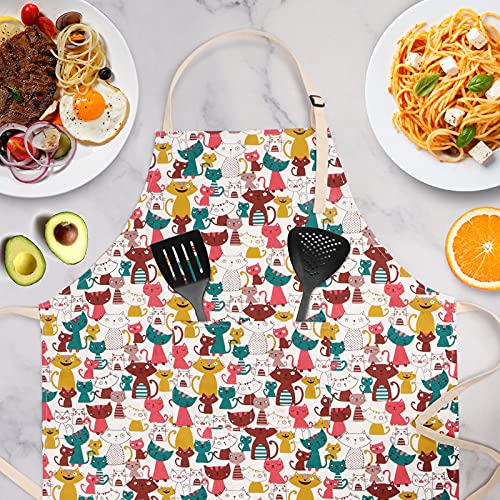 CRJHNS Cute Apron with 2 Pockets for Women, Adjustable Neck Strap and Long Waist Ties Cotton Cooking Baking Apron, Use as a Kitchen and Chef Apron, Artist or Garden Apron (Cat)