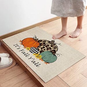 Thanksgiving Doormat Harvest Pumpkin Orange Entrance Door Rug Leopard Sunflower It's Fall Y'all Indoor/Bathroom/Kitchen/Bedroom/Entryway Floor Mat Thanksgiving Harvest Decorative Anti-Slip 18x30inch