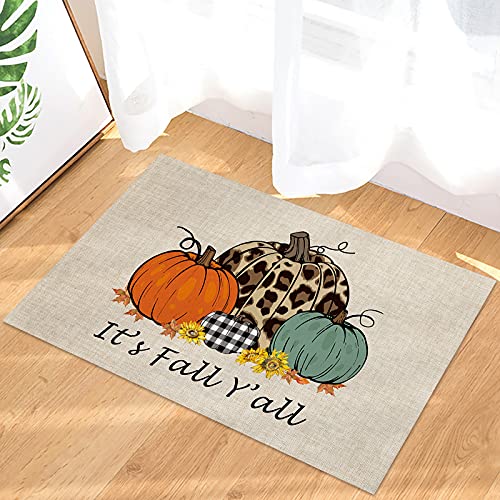 Thanksgiving Doormat Harvest Pumpkin Orange Entrance Door Rug Leopard Sunflower It's Fall Y'all Indoor/Bathroom/Kitchen/Bedroom/Entryway Floor Mat Thanksgiving Harvest Decorative Anti-Slip 18x30inch