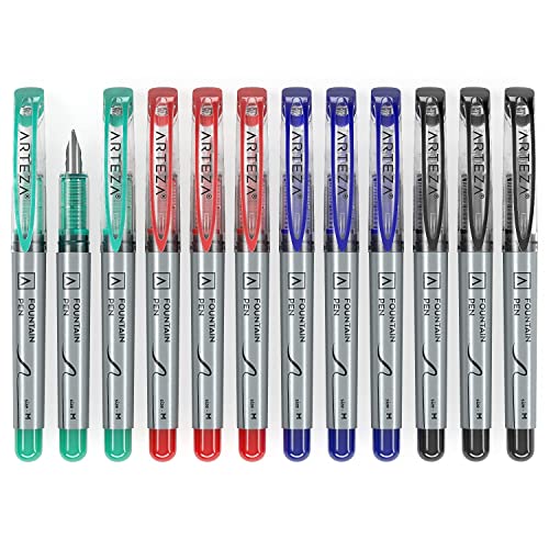 ARTEZA Disposable Fountain Pen Set of 12, 4 Basic Colors - Quick-Drying Ink for Smooth Writing, Calligraphy, Journaling, Sketching, and Doodling