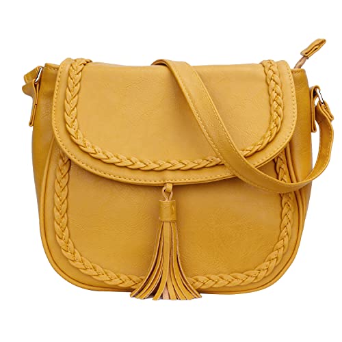 KKXIU Casual Flap Saddle Crossbody Bags for Women Purses and Handbags with Tassel (Z-Mustard)