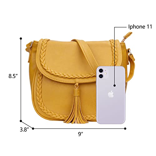 KKXIU Casual Flap Saddle Crossbody Bags for Women Purses and Handbags with Tassel (Z-Mustard)