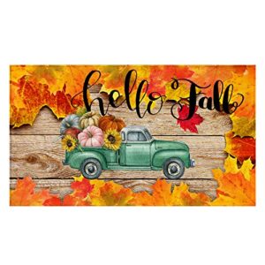 hello fall door mat pumpkin truck doormat washable indoor or outdoor doormat for living room bedroom dining kitchen or entryway mat thanksgiving holiday fall decor 17"x 29"