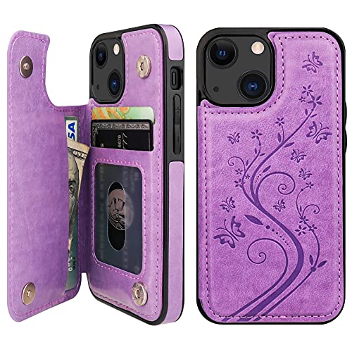 Vaburs Compatible with iPhone 13 Mini Case Wallet with Card Holder, Embossed Butterfly Pattern PU Leather Double Buttons Flip Shockproof Protective Cover for Magnetic Car Mount 5.4 Inch (Purple)