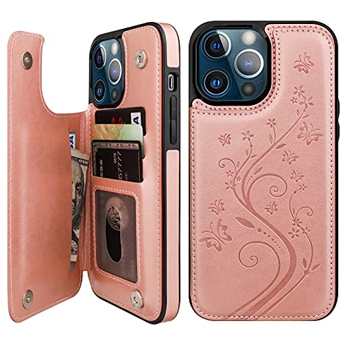 Vaburs iPhone 13 Pro Max Wallet Case - Embossed Butterfly PU Leather, Card Holder, Double Button Flip, Shockproof, Magnetic Car Mount Compatible, 6.7 Inch (Rose Gold)