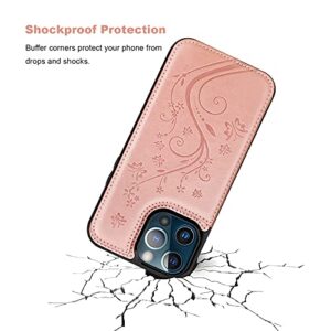 Vaburs iPhone 13 Pro Max Wallet Case - Embossed Butterfly PU Leather, Card Holder, Double Button Flip, Shockproof, Magnetic Car Mount Compatible, 6.7 Inch (Rose Gold)