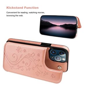 Vaburs iPhone 13 Pro Max Wallet Case - Embossed Butterfly PU Leather, Card Holder, Double Button Flip, Shockproof, Magnetic Car Mount Compatible, 6.7 Inch (Rose Gold)