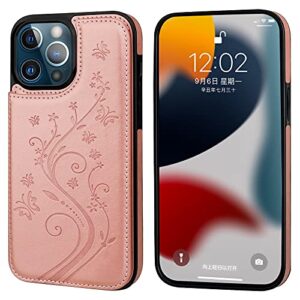 Vaburs iPhone 13 Pro Max Wallet Case - Embossed Butterfly PU Leather, Card Holder, Double Button Flip, Shockproof, Magnetic Car Mount Compatible, 6.7 Inch (Rose Gold)