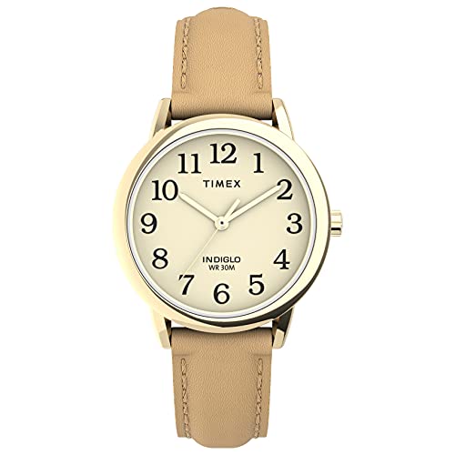 Timex Women's Easy Reader 30mm Watch – Gold-Tone Case Cream Dial with Tan & Blue Leather Strap