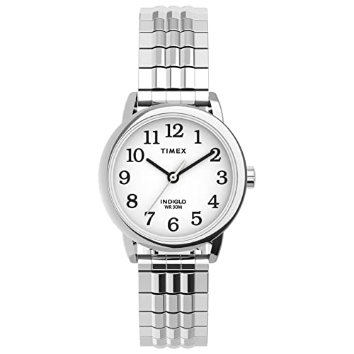 Timex Women's Easy Reader 25mm Perfect Fit Watch – Silver-Tone Case White Dial with Silver-Tone Expansion Band