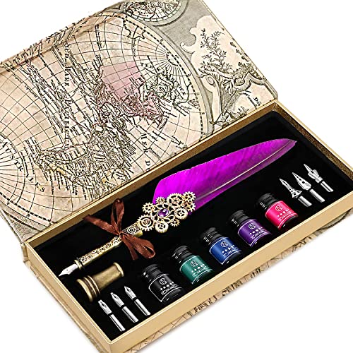 NC Quill Pen Ink Set,Feather Pen Set Includes 5 Bottles of Ink and 6 Replaceable Stainless Steel Nibs,1 Gear Quill Pen,Calligraphy Pen Set for Writing,Letter Writing,Signature Invitation,etc(Purple)