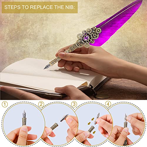 NC Quill Pen Ink Set,Feather Pen Set Includes 5 Bottles of Ink and 6 Replaceable Stainless Steel Nibs,1 Gear Quill Pen,Calligraphy Pen Set for Writing,Letter Writing,Signature Invitation,etc(Purple)