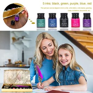 NC Quill Pen Ink Set,Feather Pen Set Includes 5 Bottles of Ink and 6 Replaceable Stainless Steel Nibs,1 Gear Quill Pen,Calligraphy Pen Set for Writing,Letter Writing,Signature Invitation,etc(Purple)