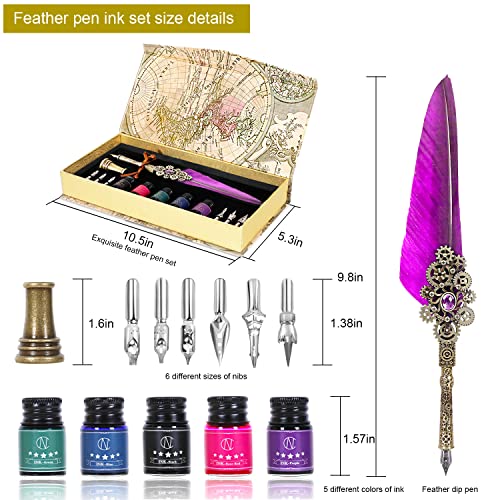 NC Quill Pen Ink Set,Feather Pen Set Includes 5 Bottles of Ink and 6 Replaceable Stainless Steel Nibs,1 Gear Quill Pen,Calligraphy Pen Set for Writing,Letter Writing,Signature Invitation,etc(Purple)