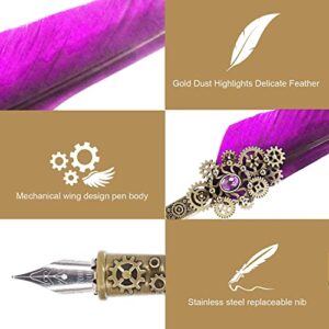 NC Quill Pen Ink Set,Feather Pen Set Includes 5 Bottles of Ink and 6 Replaceable Stainless Steel Nibs,1 Gear Quill Pen,Calligraphy Pen Set for Writing,Letter Writing,Signature Invitation,etc(Purple)