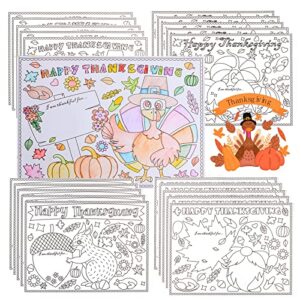 【new】 thanksgiving placemat for kid, table mat coloring activity paper crafts to write thankful list by children, 20* sunflower maple leaves pumpkin gnomes turkey give thanks placemats for kid gift