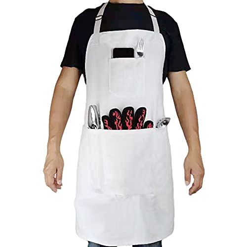 DCCPAA 100% Cotton Professional Chef Apron for men and women,Adjustable Bib with Roomy Pockets for Cooking Kitchen BBQ Grill Barber and Drawing(White)