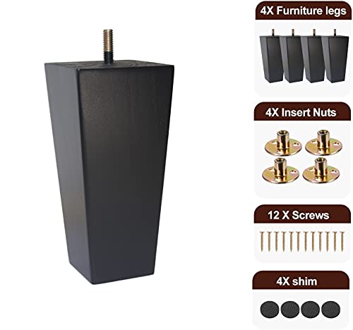 SHANJUE Black Sofa Legs-Furniture Legs 6 inch,Square Couch Legs Pack of 4- Wood Furniture feet,Sofa Replacement Parts,Wooden Chair Legs,for Furniture or DIY Projects