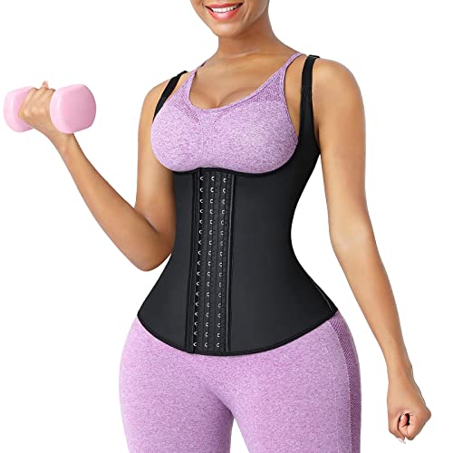 FeelinGirl Waist Trainer for Women Latex Corset Cincher Vest Sport Workout Girdle Hourglass Body Shaper with Steel Bones Black M