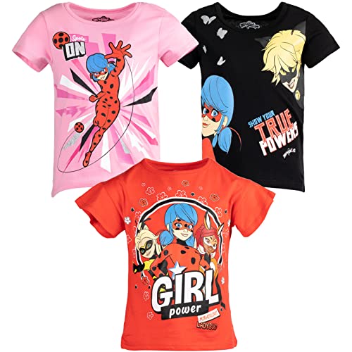 Miraculous Ladybug Cat Noir Rena Rouge Big Girls 3 Pack Graphic T-Shirts Black/Pink/Red 14-16