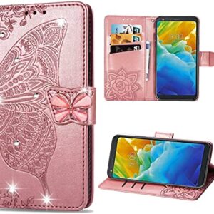 Ysnzaq Samsung Galaxy Z Fold3 5G Wallet Phone Case,3D Butterfly Embossed PU Leather Magnetic Clasp Case with Credit Card Slots Holder Cover for Samsung Galaxy Z Fold3 5G Rhinestone Rose Gold