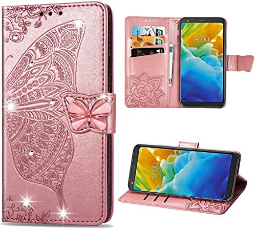 Ysnzaq Samsung Galaxy Z Fold3 5G Wallet Phone Case,3D Butterfly Embossed PU Leather Magnetic Clasp Case with Credit Card Slots Holder Cover for Samsung Galaxy Z Fold3 5G Rhinestone Rose Gold