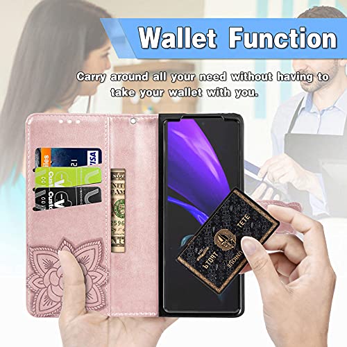 Ysnzaq Samsung Galaxy Z Fold3 5G Wallet Phone Case,3D Butterfly Embossed PU Leather Magnetic Clasp Case with Credit Card Slots Holder Cover for Samsung Galaxy Z Fold3 5G Rhinestone Rose Gold