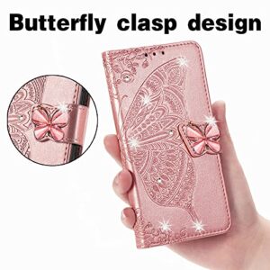 Ysnzaq Samsung Galaxy Z Fold3 5G Wallet Phone Case,3D Butterfly Embossed PU Leather Magnetic Clasp Case with Credit Card Slots Holder Cover for Samsung Galaxy Z Fold3 5G Rhinestone Rose Gold