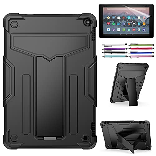 Epicgadget Case for Amazon Fire HD 10 and Fire HD 10 Plus (11th Generation, 2021 Released) - Heavy Duty Shockproof Hybrid Case with Kickstand + 1 Screen Protector Film and 1 Stylus (Black/Black)