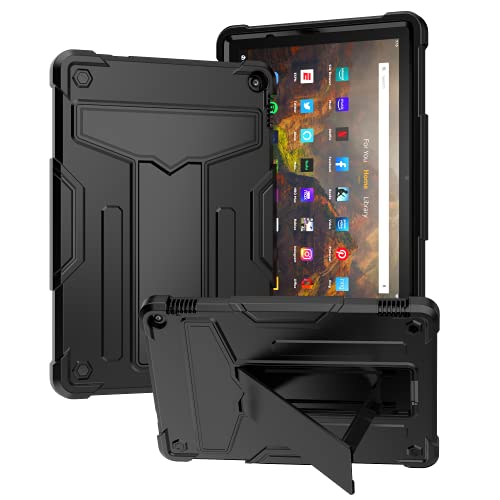 Epicgadget Case for Amazon Fire HD 10 and Fire HD 10 Plus (11th Generation, 2021 Released) - Heavy Duty Shockproof Hybrid Case with Kickstand + 1 Screen Protector Film and 1 Stylus (Black/Black)