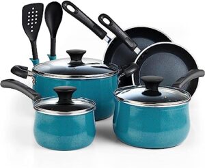 cook n home pots and pans nonstick cookware set 10-piece, belly shape kitchen cooking set with frying pans and saucepans, induction compatible, turquoise